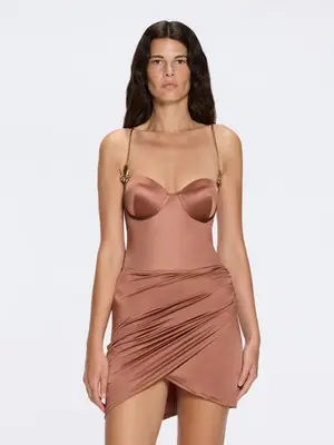 MOEVA Solea Satin Mini Dress With Gold Chain Strap Detail - Brown