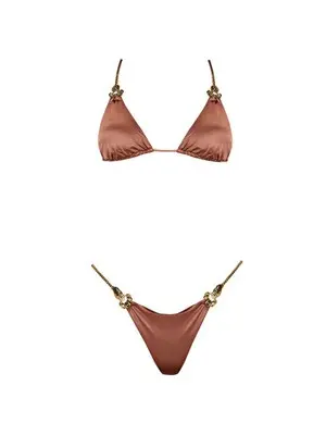 MOEVA Selena Triangle Gold Chain Strap Satin Bikini Top - Brown