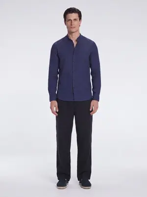 MOEVA Ryan Linen Shirt With Grandad Collar - Navy