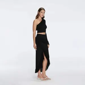 MOEVA Alani Fringe Detail Asymmetric Slit Midi Skirt - Black