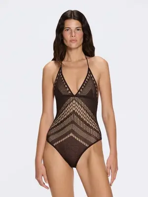 MOEVA Villone V Neck Knitted One Piece Swimsuit - Brown