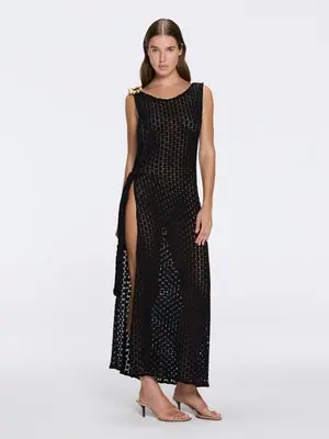 MOEVA Angles High-neck Maxi Dress With Tie-side And Gold Detail - Black