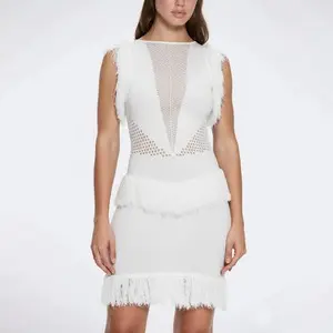 MOEVA Diani Fringe Detail Sheer Panel Open Back Mini Dress - White
