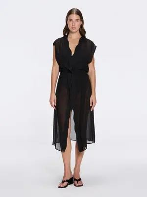 MOEVA Dela Sleeveless Wavy-trim Belted Sheer Kaftan - Black