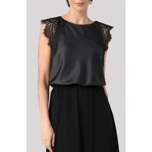 LIVERPOOL Lace Trim Satin Top - Black