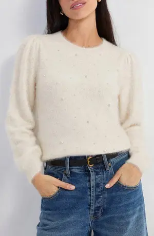LIVERPOOL Puff Sleeve Pearl Embellished Sweater - Ivory
