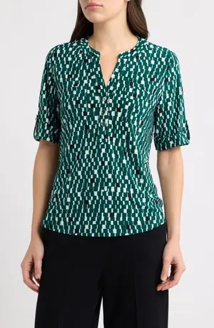 Anne Klein Print Knit Top With Elbow Sleeves - Pine Forest Multi