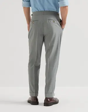 Brunello Cucinelli Virgin Wool And Silk Lightweight Hopsack Trousers With Double Pleats And Waist Tabs