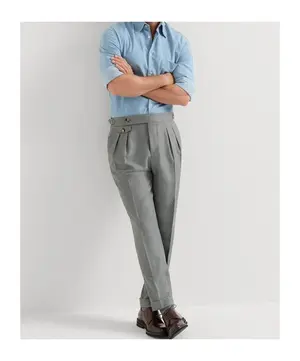 Brunello Cucinelli Virgin Wool And Silk Lightweight Hopsack Trousers With Double Pleats And Waist Tabs