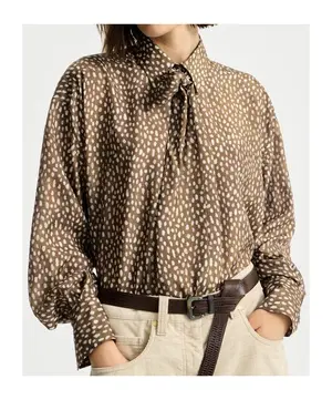 Brunello Cucinelli Silk Dapple Pongee Pussybow Blouse With Monili