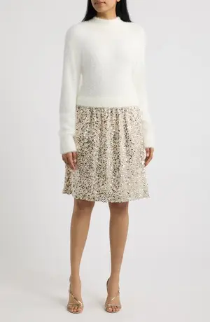 Vince Camuto Drop Waist Long Sleeve Mixed Media Dress - Silver