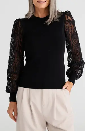 BRAVE+TRUE Janelle Embroidered Organza Sleeve Knit Top - Black