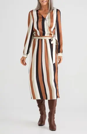 BRAVE+TRUE Preston Stripe Long Sleeve Wrap Midi Dress - Oakley Stripe