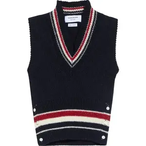 Thom Browne Hector Pointelle Intarsia V-neck Sweater Vest - Navy