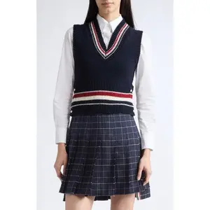 Thom Browne Hector Pointelle Intarsia V-neck Sweater Vest - Navy