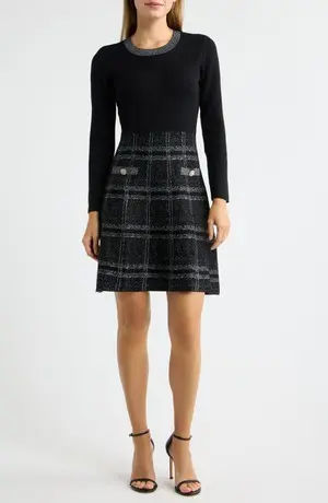 Eliza J Long Sleeve Twofer Dress - Black Silver
