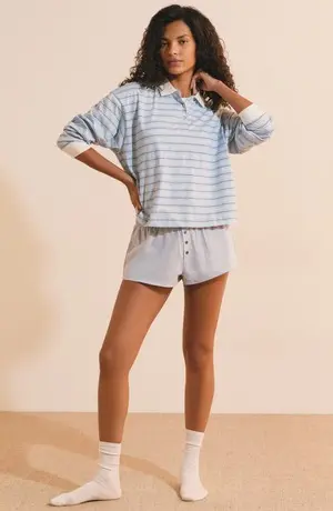 ETAM Remi Stripe Cotton Polo Pajama Top - Blue