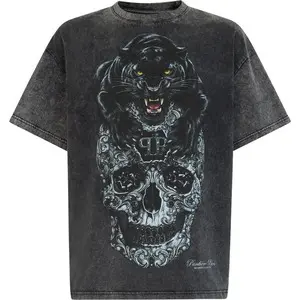 Philipp Plein Washed Round Neck T-shirt Panther Skull - Black
