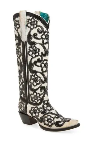 CORRAL Sequin Embellished Overlay Western Boot - White/black
