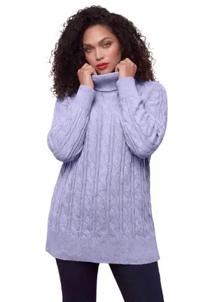 Roaman's Cozy Cable Turtleneck Sweater - Lavender