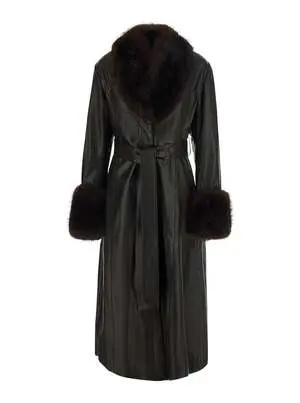 ROTATE BY BIRGER CHRISTENSEN Rotate Women Brown Coat With Eco Fur Collar And Cuffs And Removable Front Belt In Leather For Women