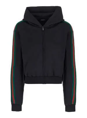 Gucci Black Sweatshirt With Front Logo And Web Stripe On The Sleeves In Cotton Blend - Multicolor