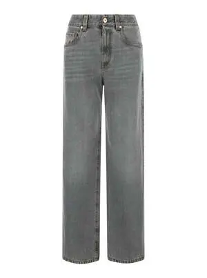 Brunello Cucinelli Grey Jeans With Monile On The Belt Loops And Logo Patch On The Back In Denim For - Multicolor