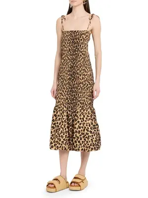 SIMONMILLER Canto Print Smocked Poplin Midi-dress