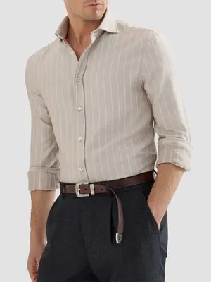 Brunello Cucinelli Lyocell And Cotton Chalk Stripe Flannel Shirt