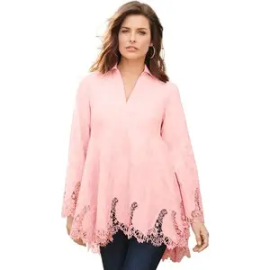 Roaman's Extended Poplin Embroidered Swing Tunic - Soft Blush