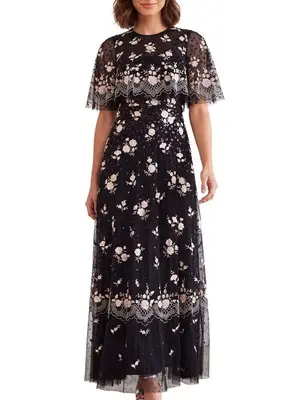 NEEDLE & THREAD Henrietta Embroidered Scallop Cape Dress - Jet Black/multi