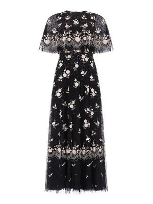 NEEDLE & THREAD Henrietta Embroidered Scallop Cape Dress - Jet Black/multi