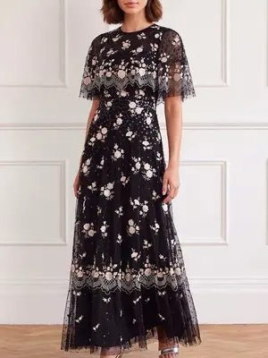 NEEDLE & THREAD Henrietta Embroidered Scallop Cape Dress - Jet Black/multi