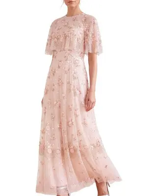 NEEDLE & THREAD Henrietta Embroidered Scallop Cape Dress - Soft Peony/multi