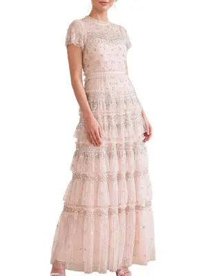 NEEDLE & THREAD Andromeda Embellished Tiered Maxi Dress - Soft Peony/silver