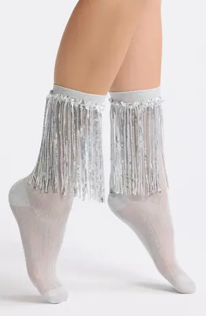 HIGH HEEL JUNGLE Stevie Metallic Sequin Fringe Crew Socks - Silver