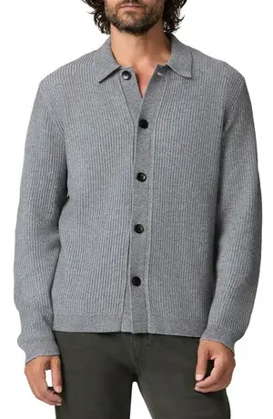 Paige Spokane Ribed Wool & Cotton Full Button Cardigan - Cracked Pepper Combo