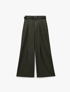 Koton High Rise Pleated Wide Leg Tailored Trousers With Belted