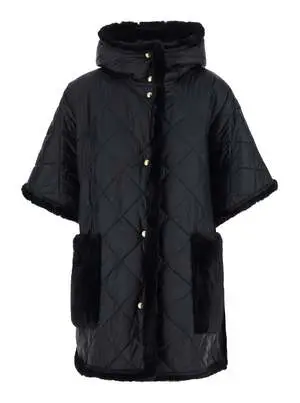 Moncler Black Hooded Cape With Logo Patch On The Sleeve In Tech Fabric For - Multicolor