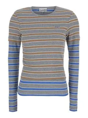 GANNI Ganni Women Multicolor Long-Sleeved Crew-Neck T-Shirt With All-Over Motif In Stretch Cotton For Women Multicolor