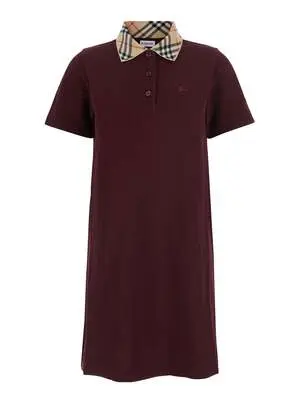 Burberry Iris' Bordeaux Dress With Classic Collar With Motif Check And Ekd Embroidery On The Front In Cotton For - Multicolor
