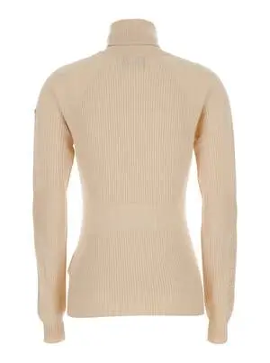 Moncler Beige Turtleneck Sweater With Logo Patch On The Sleeve In Wool