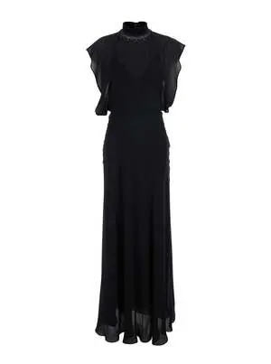 Fendi Black Long Sleeveless Dress With Cape-effect Bodice And Embroidered Neck In Silk For - Multicolor