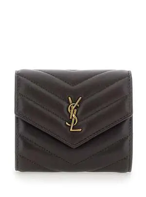 Saint Laurent Brown Multifunction Wallet With Front Plaque In Leather