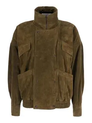 Saint Laurent Green Double-breasted High-neck Jacket In Suede - Multicolor