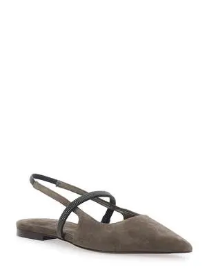 Brunello Cucinelli Brown Pointed Ballet Shoes With Strap And Monil In Suede For