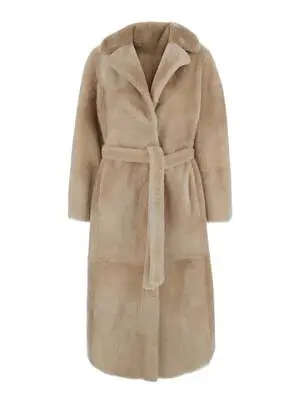 YVES SALOMON Beige Shearling Coat With Reversible Design And Waist Belt In Fur - Multicolor