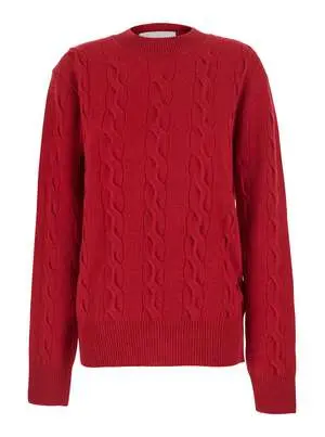AMI Paris Red Crew-neck Sweater With Cable-knit And Tone-on-tone Adc Embroidery On The Front In Wool For - Multicolor