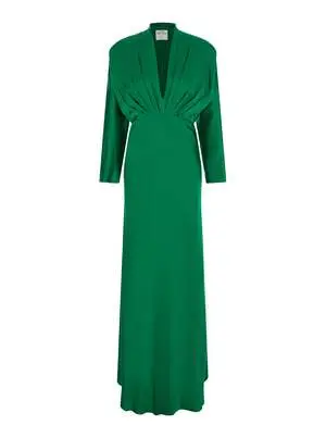 FORTE_FORTE Silk Satin Dress With 'v' Neckline And Long Sleeves, Silk, Green - Multicolor