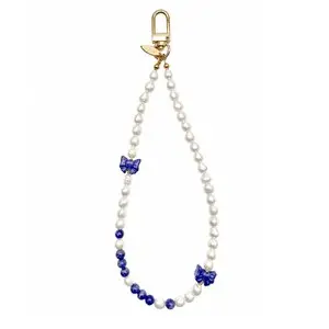 FARRA Freshwater Pearl With Lapis Bow Phone Strap - Blue